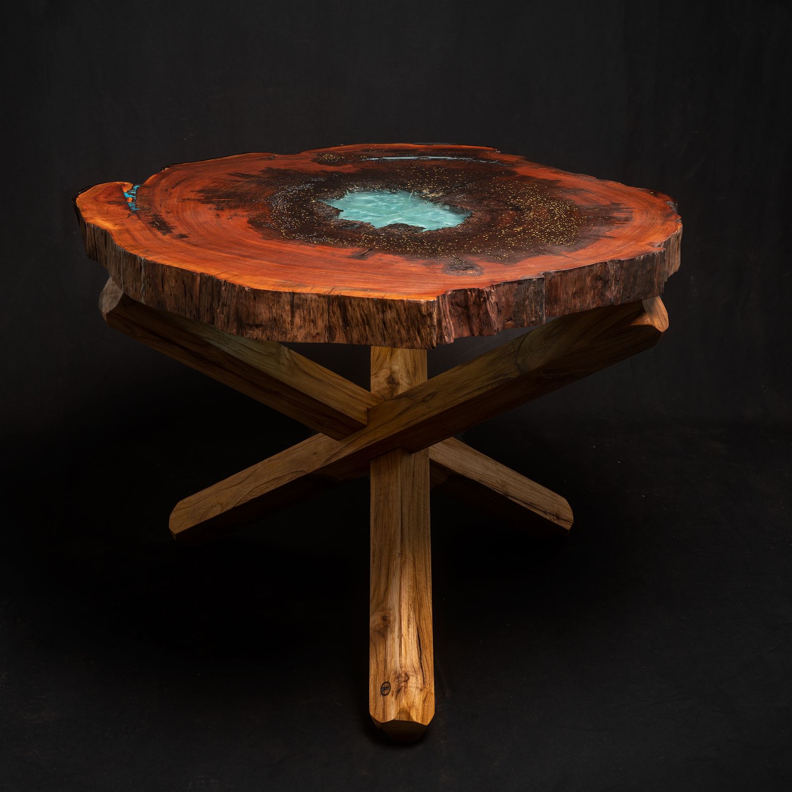 Round Mahogany Crosscut Slab Caltrop Base And Epoxy Resin